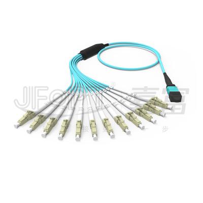 China MPO-LC OM3 OM4 Breakout Cable 1-10m LSZH PVC 850/1300nm Aqua for 40G 100G Networks for sale
