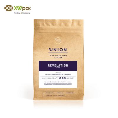 China Kraft Paper Coffee Bean Packaging Bags Quad Seal Standing Side Gusset PE Lined for sale