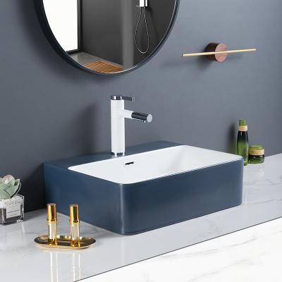 China Easy Install Counter Top Bathroom Sink Polished Surface Blue Rectangular Hand Basin for sale