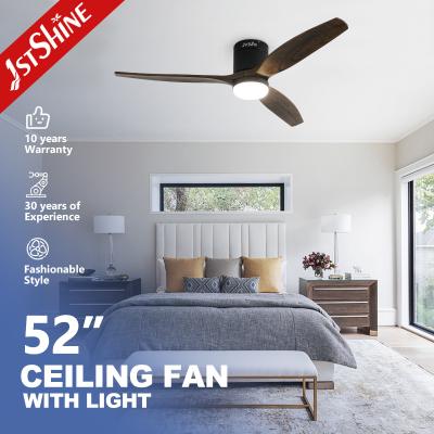 China Wooden Blades Flush Mount Ceiling Fan With Light and 5-Speed Wind Controlled by TUYA App for sale