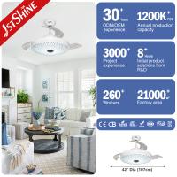 China 42-Inch Retractable Ceiling Fan Light with 3-Color LED and Energy-Efficient DC Motor for sale