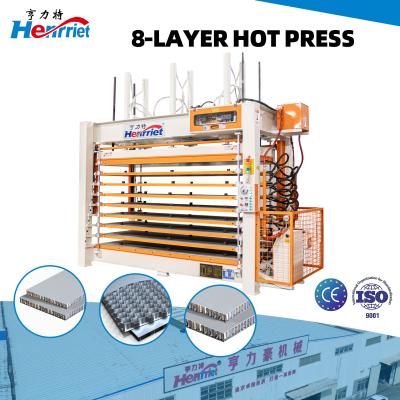 China 8 Layer Hydraulic Hot Press Machine for Aluminum Honeycomb Panel Production Line with 50T Maximum Pressure and 2500*1300*42mm Work Platen Size for sale