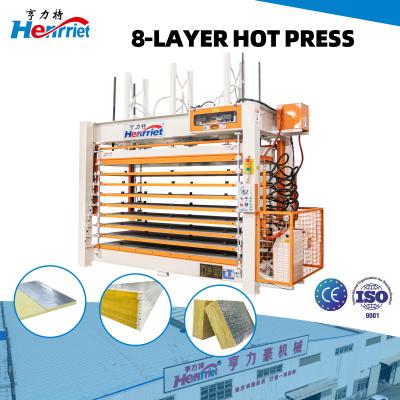 China 50T Maximum Pressure and 2500*1300*42mm Work Platen Size8-Layer Hydraulic Hot Press Machine for Rock Wool Core Sandwich Panel Fireproof Insulation Board Lamination for sale
