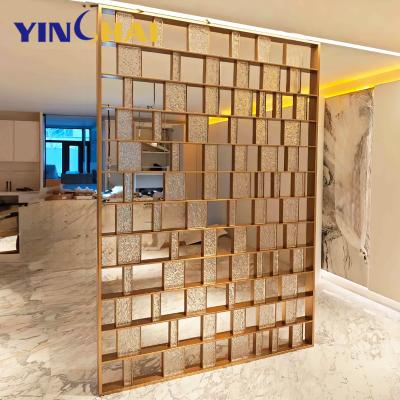 China Luxury Laser Cut Metal Stainless Steel Screen Partition Movable Partition Panel Design Commercial Item Golden Room Divider for sale