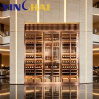 China Custom Rose Gold Stainless Steel Constant Temp Wine Cabinet LED Oak Wine Storage Cabinet for sale