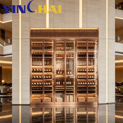 China Custom Rose Gold Stainless Steel Constant Temp Wine Cabinet LED Oak Wine Storage Cabinet for sale