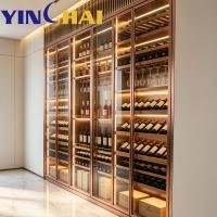 China Custom Rose Gold Stainless Steel Constant Temp Wine Cabinet LED Oak Wine Storage Cabinet for sale