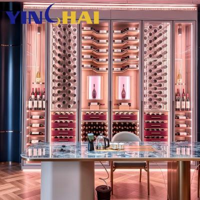 China Custom Constant Temperature Stainless Steel Wine Cabinet LED Solid Wood Wine Storage for sale