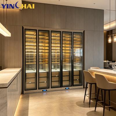 China Built-in Dual Zone 50-59 Bottle Wine Cooler Wood Shelves LED Glass Door for sale