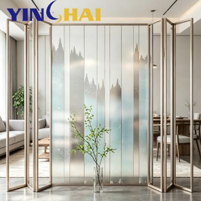China Champagne Gold Folding Screen With Gradient Mountain Art Glass Partition for sale