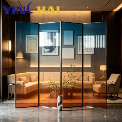 China Custom Folding Stainless Steel Gradient Blue Tempered Glass Partition Screen for sale