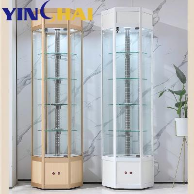China Custom Stainless Steel Rotating Corner Glass Wine Cabinet With LED Lighting for sale