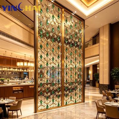 China Stainless Steel Golden Frame Geometric Grid Inlaid Emerald Crystal Decorative Screen Partition for sale