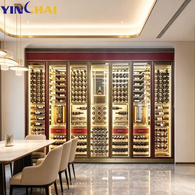 China 7 Door Full Wall Wine Cellar Gold Frame LED Large Capacity Display for sale