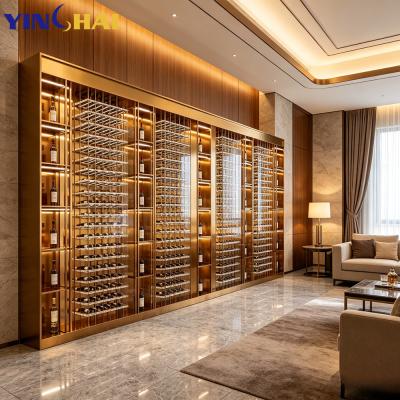 China Stainless Steel Full Wall Wine Cabinet Gold Frame LED Large Bottle Storage for sale