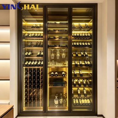China YINGHAI Custom Three Door Stainless Steel Wine Cabinet with LED Wooden Racks for sale