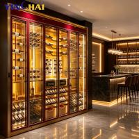 China Stainless Steel 6 Door Wine Cabinet Red Gold Frame LED Glass Bottle Storage for sale