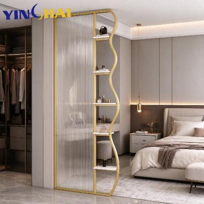 China Stainless Steel Wave Shape Display Shelf Room Dividers With Fluted Tempered Glass for sale