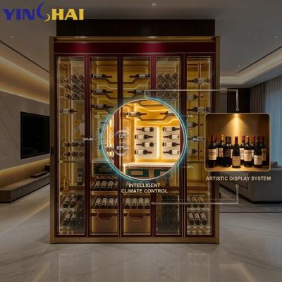 China Stainless Steel 6 Door Wine Cabinet Red Gold Frame LED Glass Bottle Storage for sale