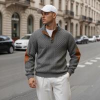 China Men's 100% wool vintage stand collar half button jacquard pullover for sale