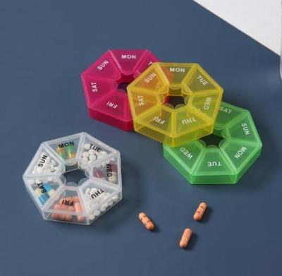 China Transparent 7 Day Weekly Pill Box Case Container Mini Pill Dispenser 8.3cm Custom Logo for sale