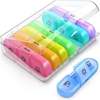 China Transparent Plastic Pill Storage Case 21 Compartments Rainbow Color Medicine Organizer 14.2x6.9x6.5cm for sale