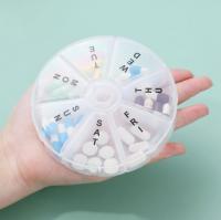 China Round Shape Pill Dispenser Organizer Clear Plastic Daily Weekly Pill Storage Box 17.5x8.5x3cm for sale