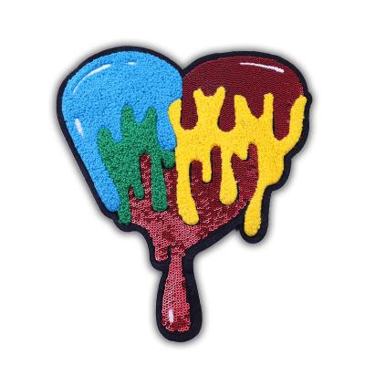 China Iron On Back Glitter Chenille Embroidery Patch Heart Shape Embroidered Cloth Patches for sale