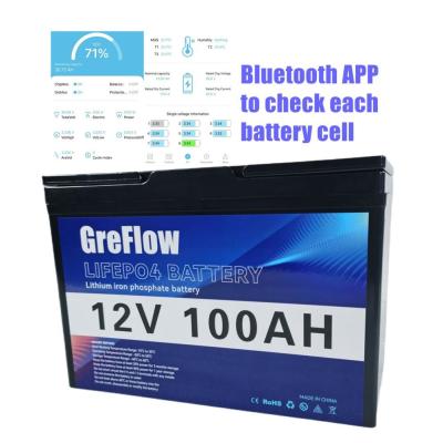 China Smart BMS 12 Volt Lifepo4 Battery 12v 100ah Solar Monitor Via Phone APP for sale