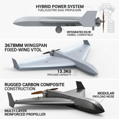 China Hybrid Gasoline-Electric H.02 VTOL Fixed-Wing Hybrid Surveillance UAV 3678mm Wingspan 13.3kg Payload 4435m Ceiling for sale