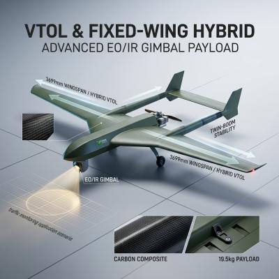 China Hybrid Gasoline-Electric H.08 VTOL Fixed-Wing Hybrid Surveillance UAV 3699mm Wingspan 19.5kg Payload 3909m Ceiling for sale