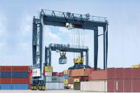 China Wheeled Container Rubber Tyre Crane RTG Model 30ton Double Beam for sale