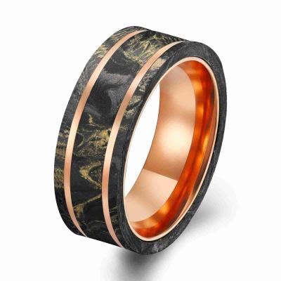 China Forged Carbon Fiber Jewelry Plated Rose Gold Ring Black with Gold Foil IPR Color for sale