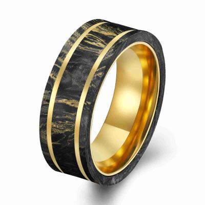 China Wedding Forged Carbon Fiber Jewelry 14K Gold Plated Ring With Gold Foil for sale
