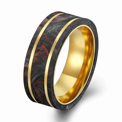 China Forged Carbon Fiber Jewelry 14K Yellow Gold Plated Ring with Mixed Red Foil for sale