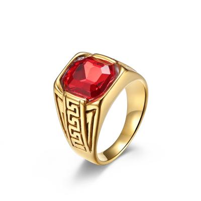 China Men 316 316L Stainless Steel Jewelry Gold Plated Ring With Ruby Crystal Stone for sale