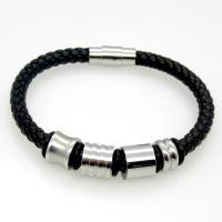 China Black Stainless Steel Men's Charm Bracelet Polished Braided Leather Wrap Bracelet for sale