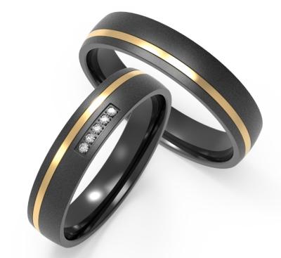 China Custom Polished Couple Black Zirconium Rings with IP Gold / Cubic Zirconia Two Tone for sale