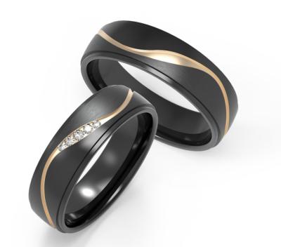 China Matte Damascus Steel Jewelry With K Gold Embedded Zircon Couple Ring for sale