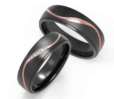 China Matte Damascus Steel Jewelry Wedding Couple Rings With Rose Gold Embedded Zircon for sale