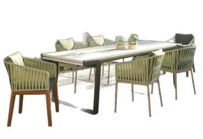 China Outdoor dining set made with weather resistant rattan rope and durable aluminum frame perfect for garden courtyard villa and patio for sale