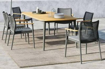China Outdoor teak wood table and 6pcs chairs made with weather resistant UV resistant and aluminum frame built for gardens courtyards and villas for sale