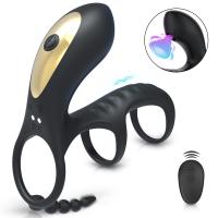 China USB Rechargeable Silicone Cock Ring Vibrator Double Ring Remote Control IPX7 Waterproof 113mm for sale