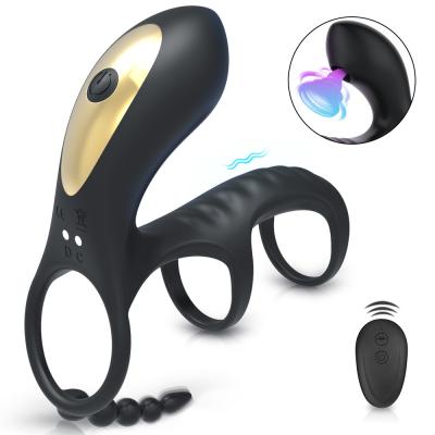 China USB Rechargeable Silicone Cock Ring Vibrator Double Ring Remote Control IPX7 Waterproof 113mm for sale