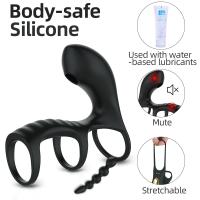 China USB Rechargeable Silicone Cock Ring Vibrator Double Ring Remote Control IPX7 Waterproof 113mm for sale