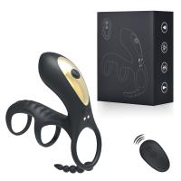 China USB Rechargeable Silicone Cock Ring Vibrator Double Ring Remote Control IPX7 Waterproof 113mm for sale