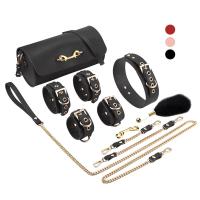 China Real Leather BDSM Bondage Kit with Shoulder Bag Handcuffs Ankle Cuffs Collar Leash 800g for sale