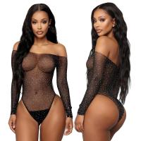 China RSLOVE Women Sexy Fishnet Bodysuit Rhinestone Sparkle Mesh Teddy Lingerie Black Spandex for sale