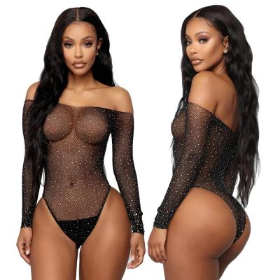 China RSLOVE Women Sexy Fishnet Bodysuit Rhinestone Sparkle Mesh Teddy Lingerie Black Spandex for sale