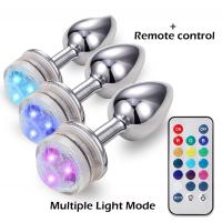 China LED Metal Remote Control Butt Plug 13 Colors Light Up Anal Plug Waterproof Prostate Massager 3 Sizes for sale